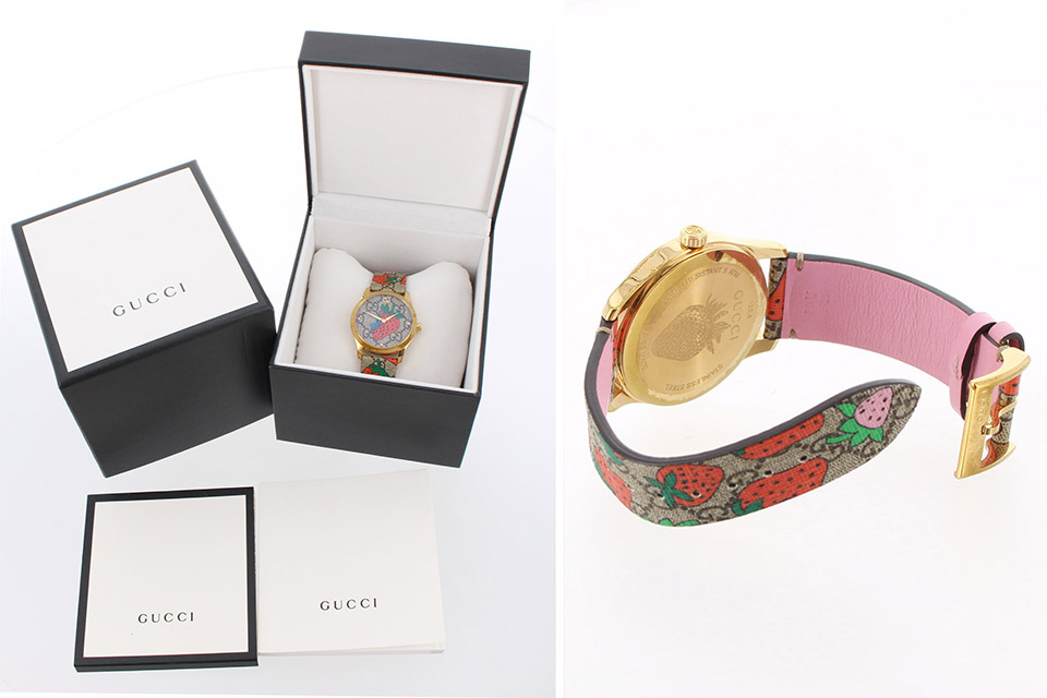 Gタイムレス GP/革ベルト ストロベリープリント文字盤 YA1264133 レディース クォーツ
